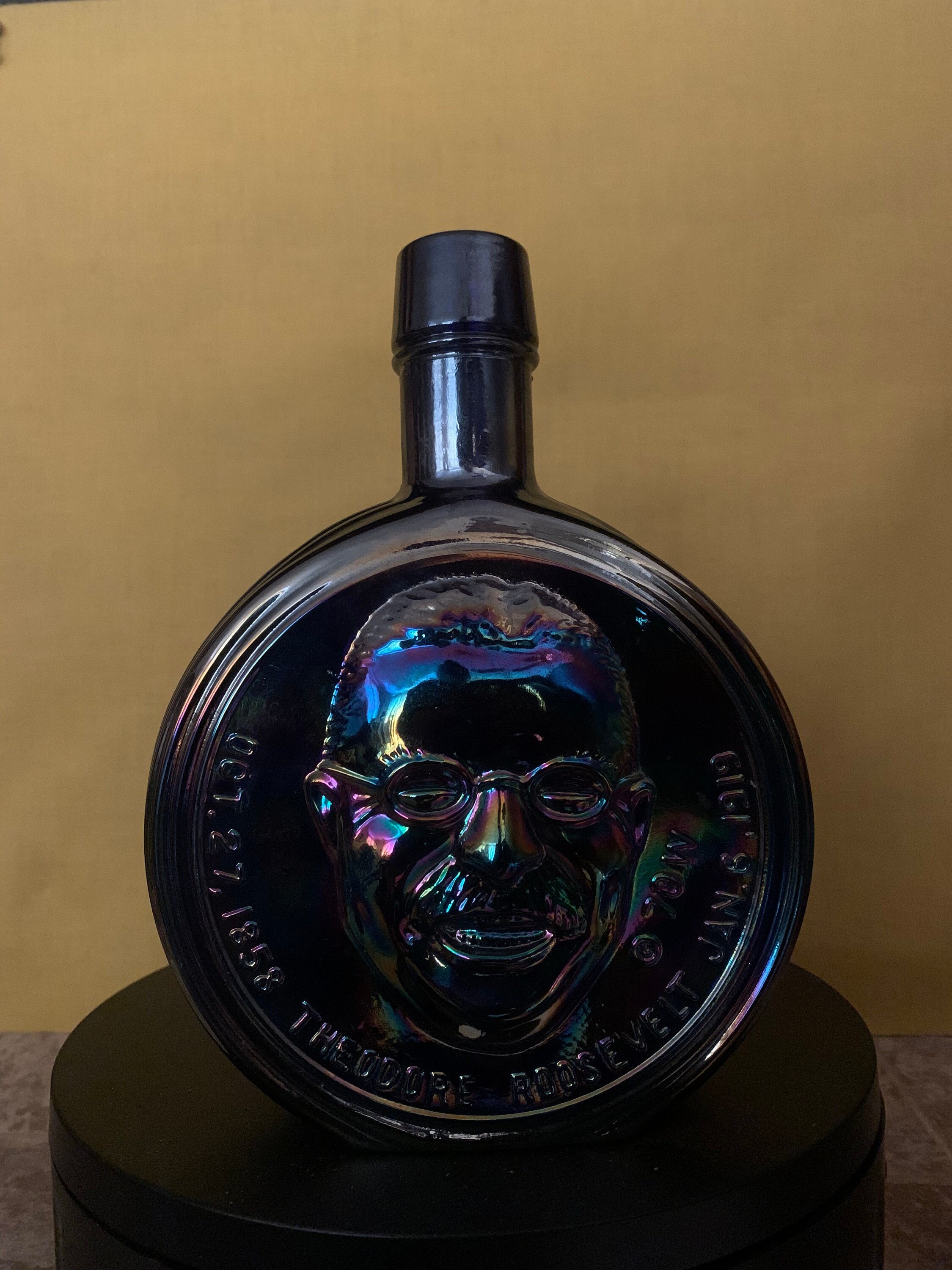 Vintage Wheaton Teddy Roosevelt Bottle Blue Iridescent Decanter ...