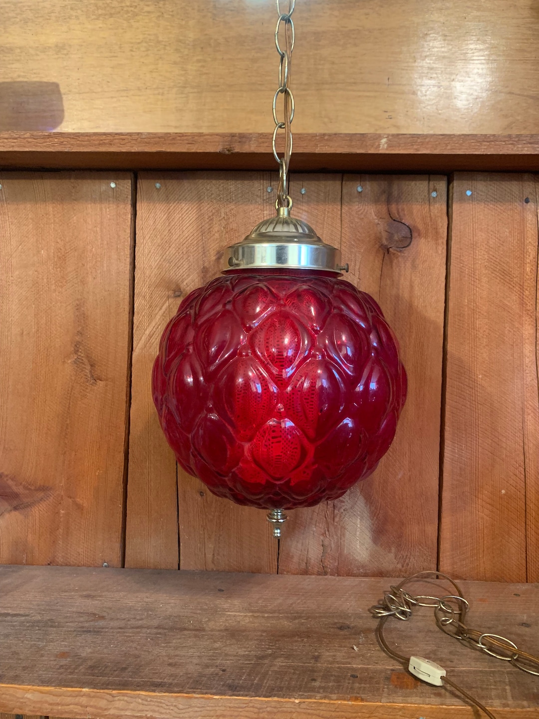 Vintage Round Red Painted Glass Swag Light | Mid Century Hanging ...