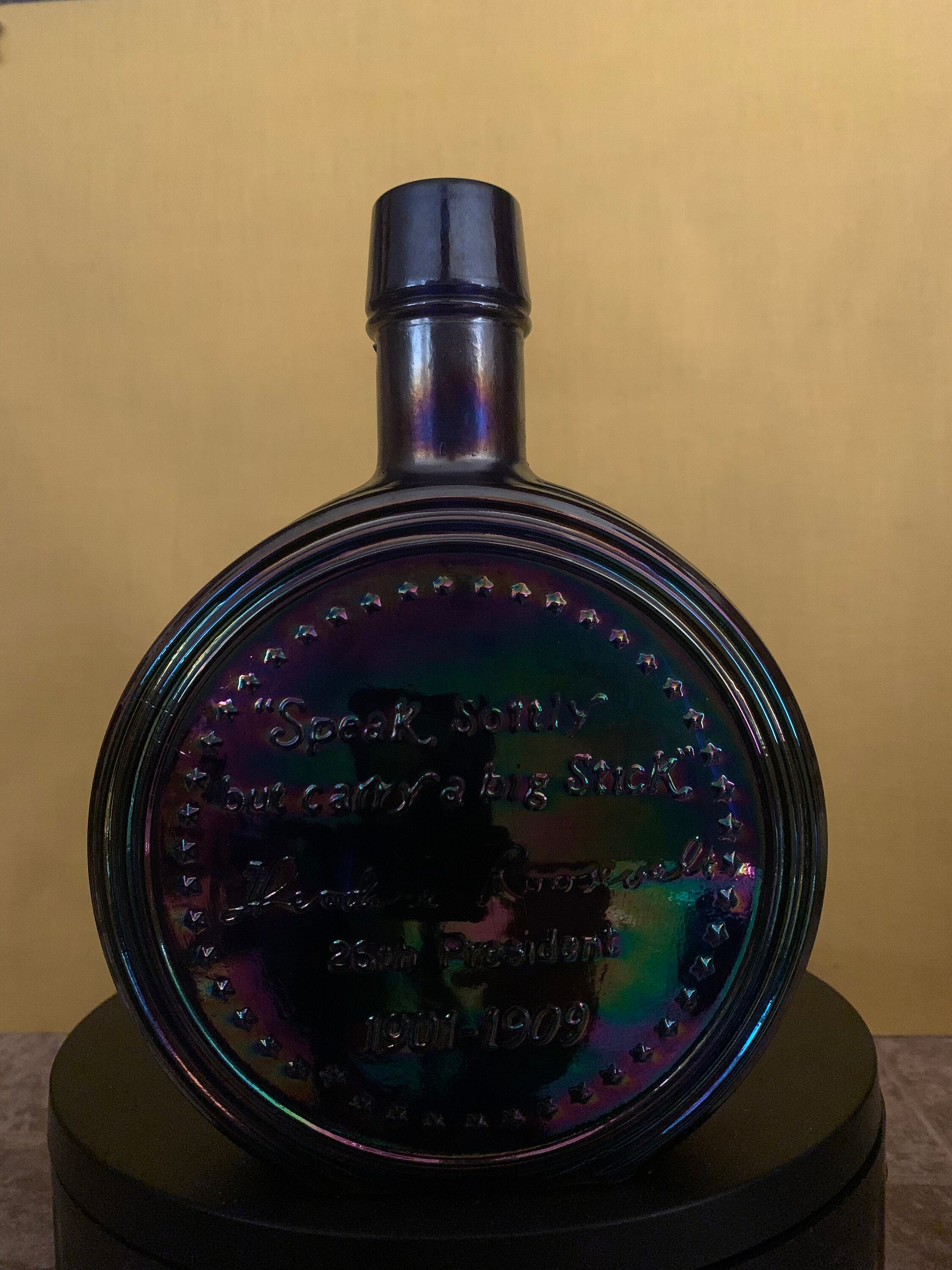Vintage Wheaton Teddy Roosevelt Bottle Blue Iridescent Decanter ...