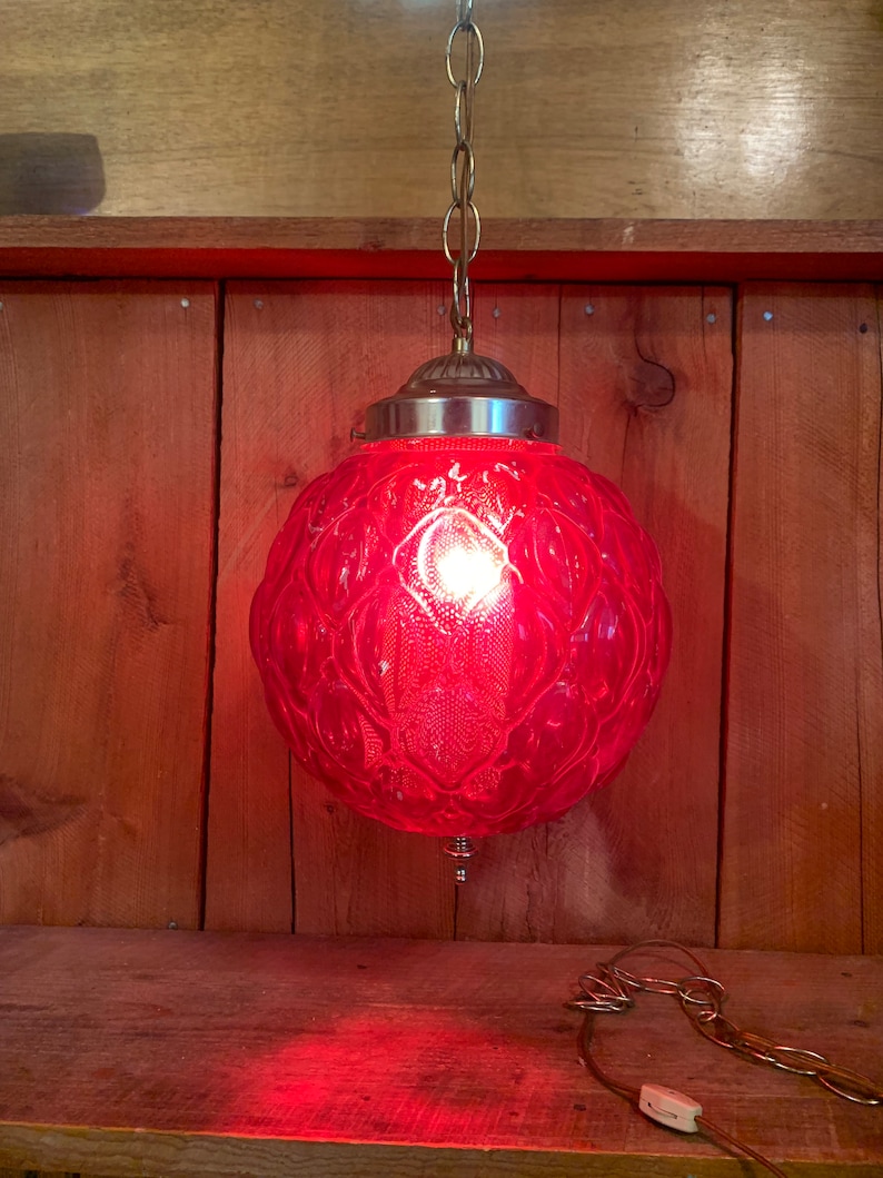 Vintage Round Red Painted Glass Swag Light | Mid Century Hanging ...