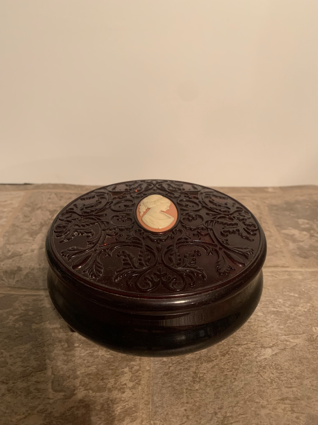 Vintage Avon Dark Reddish Brown Cameo Lidded Dusting Powder Box Lucite ...