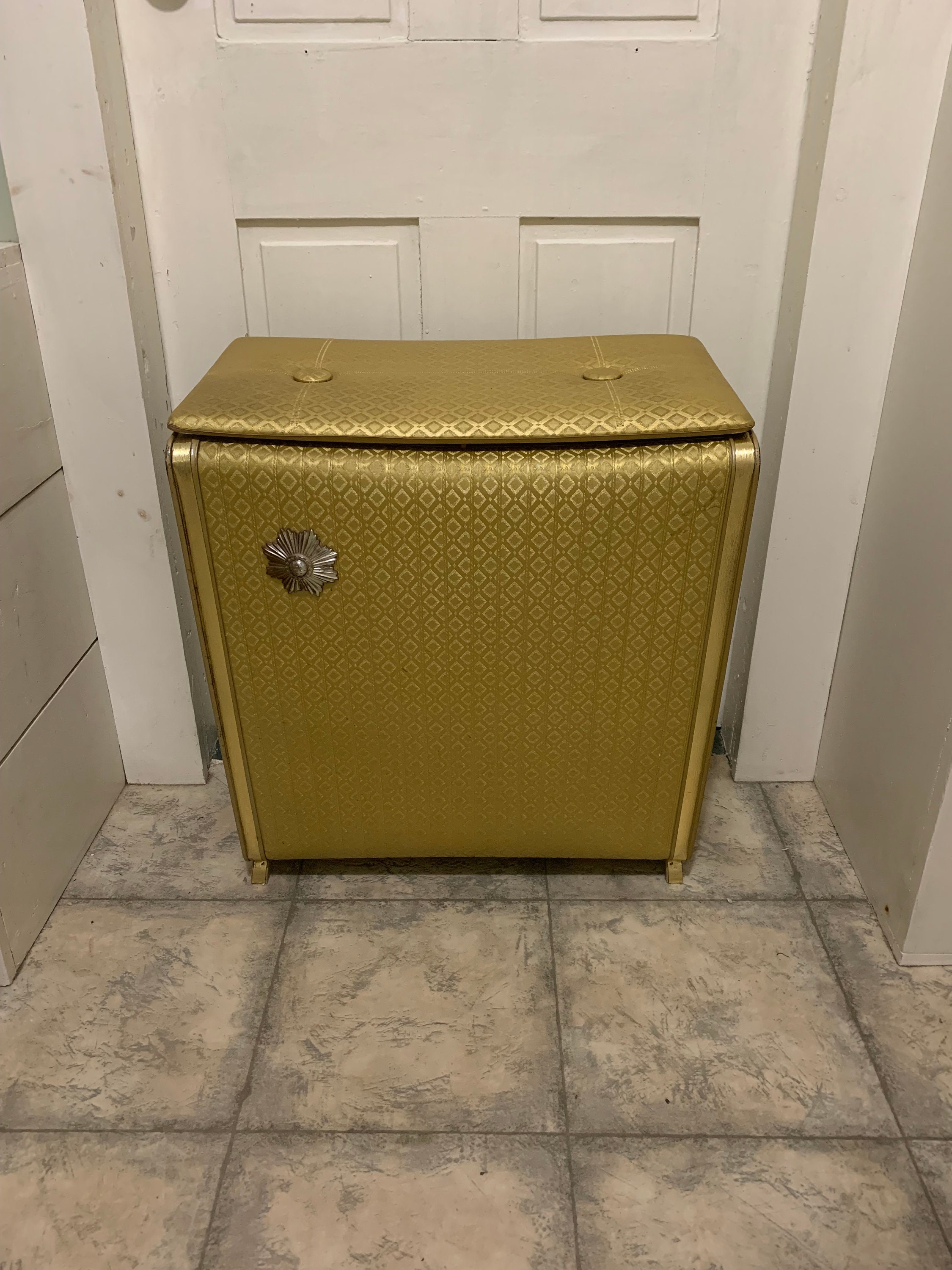 Pearl- Wick Clothes Hamper | Hollywood Regency Gold Vinyl Wicker Hamper ...