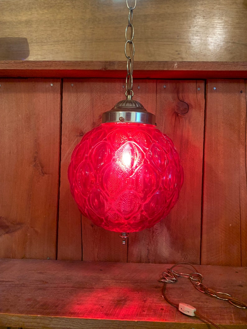 Vintage Round Red Painted Glass Swag Light | Mid Century Hanging ...