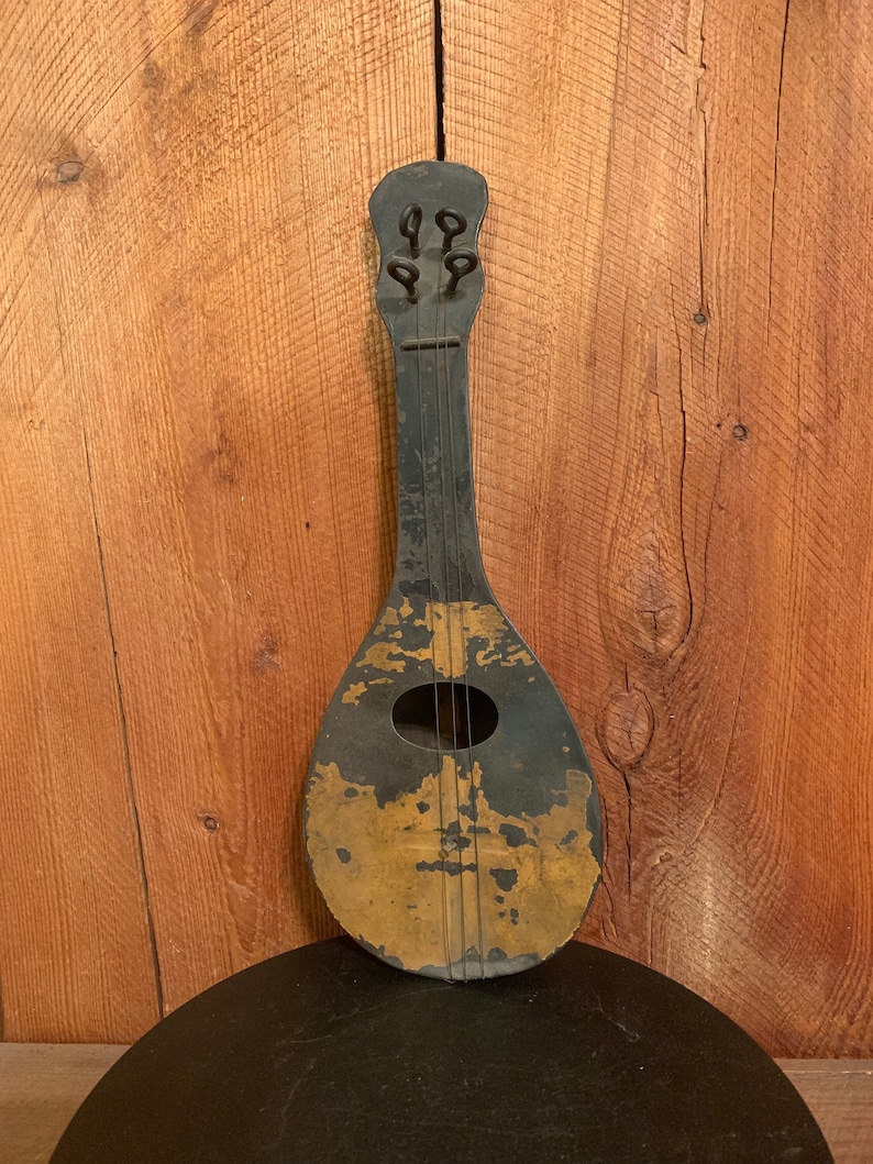 Vintage Painted Kids Tin Mandolin Rustic Metal Kids Toy Four String Guitar Primitive Steel ...