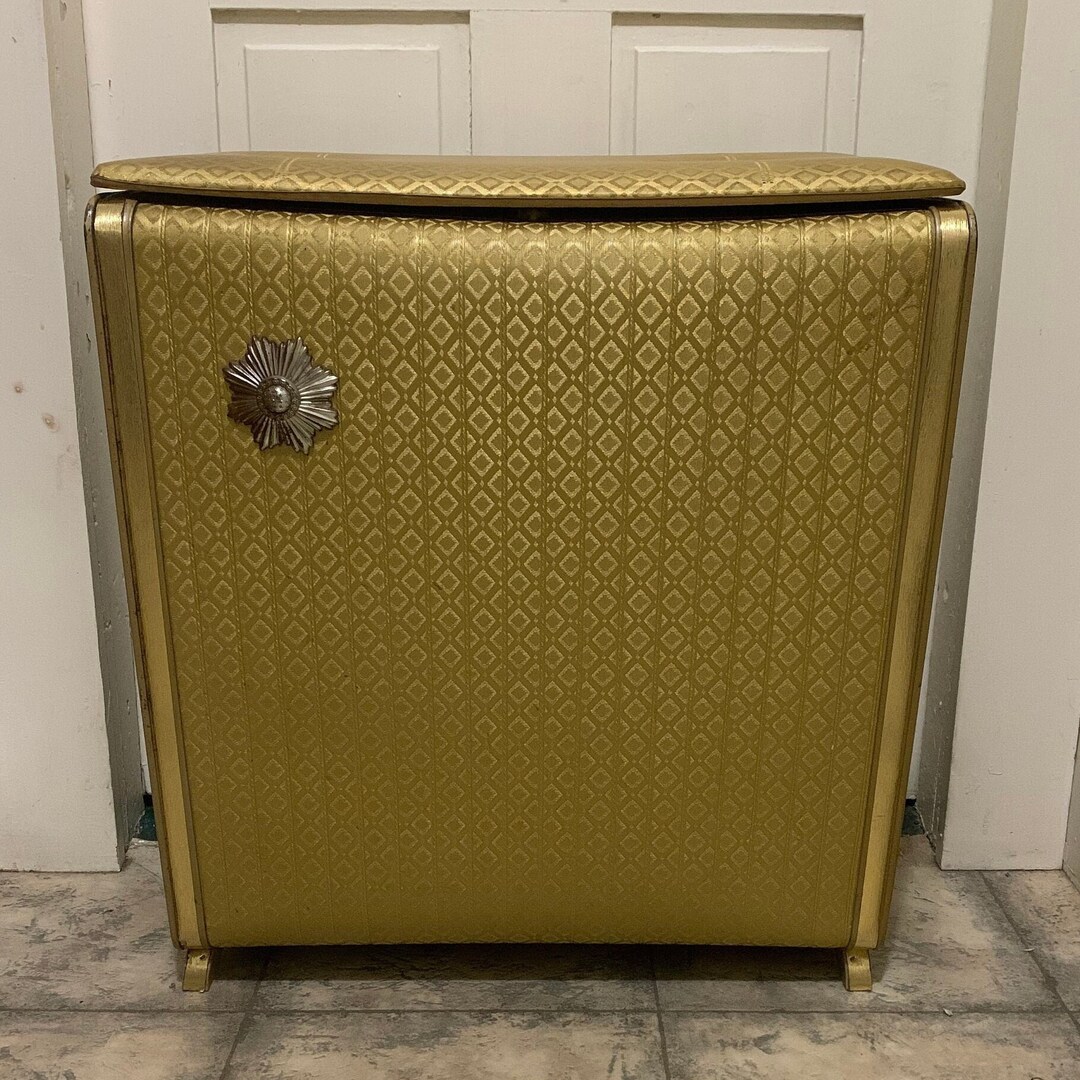 Pearl- Wick Clothes Hamper | Hollywood Regency Gold Vinyl Wicker Hamper ...