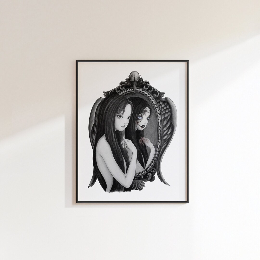 The Reflection | Black and White Ink Illustration | Horror Goth Anime ...