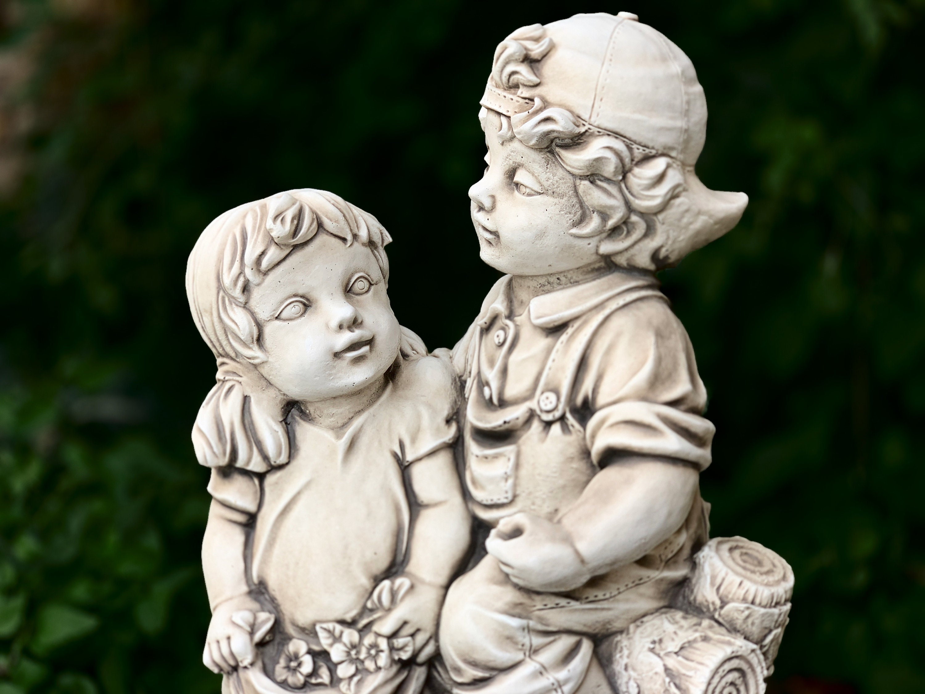 Children With Flowers Cement Boy and Girl Statue Garden Kids Decor Cement Children Ornament ...