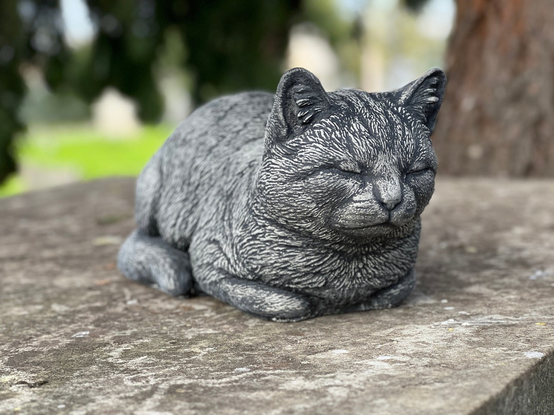 Striped Grey Cat Statue for Home and Garden Decor Stone Tabby Cat ...