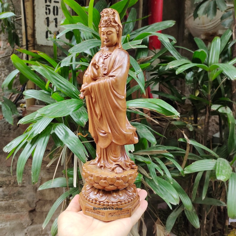 Handcrafted Guanyin Buddha Statue: Green Cypress Wood, Lotus Stand (11. ...