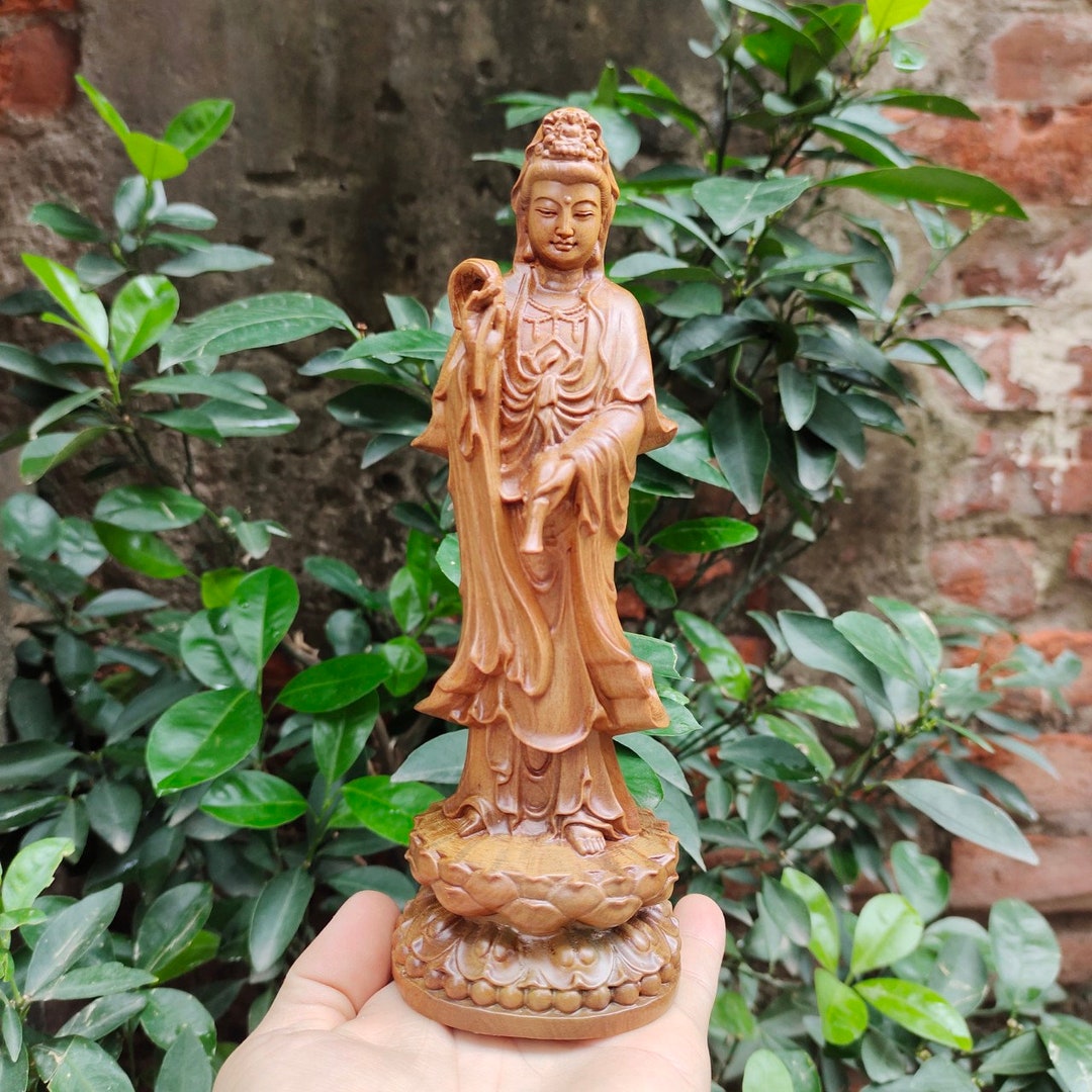 Cypress Wood Guanyin Buddha Statue on Lotus Flower - Etsy