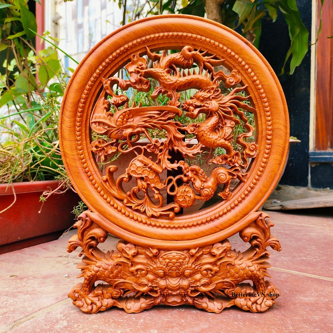 Handcrafted Wooden Dragon Unicorn Turtle and Phoenix Plate (15.7”H ...