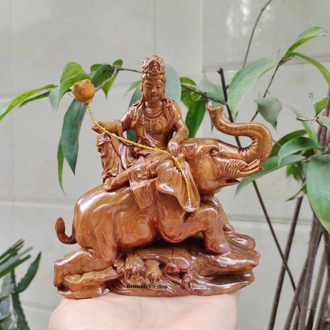 Handcrafted Cypress Wood Guanyin Buddha Statue on Elephant - Etsy