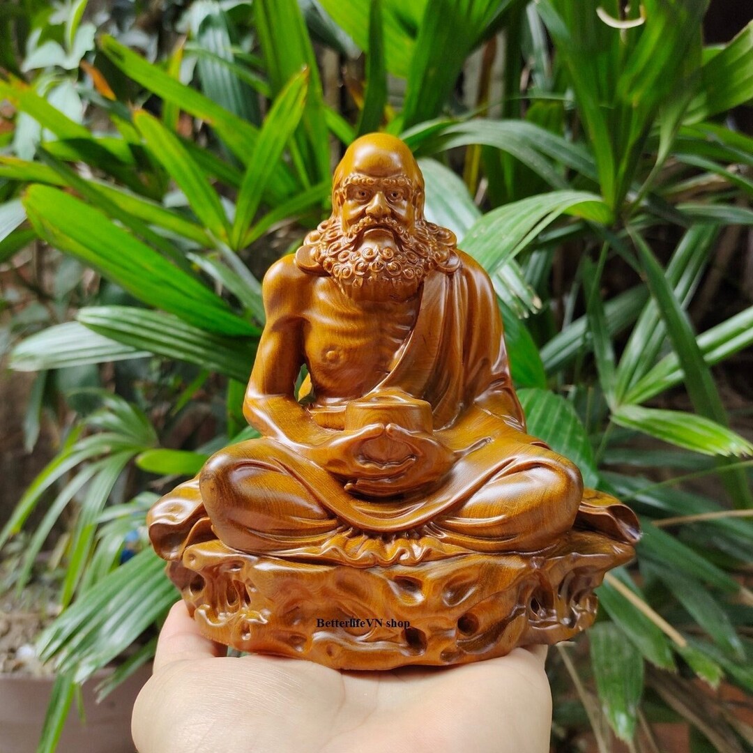 Bodhidharma Buddha Statue, Wooden Alms Food Statue, Handmade Dharma ...