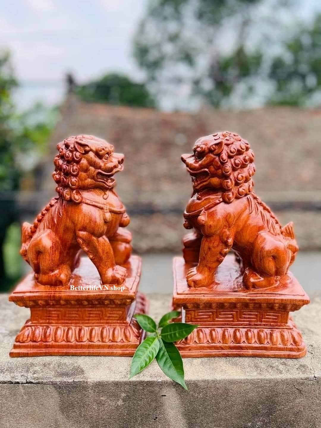 Wooden Pair of Suan Ni Statue, Handcrafted Chinese Guardian Lions ...