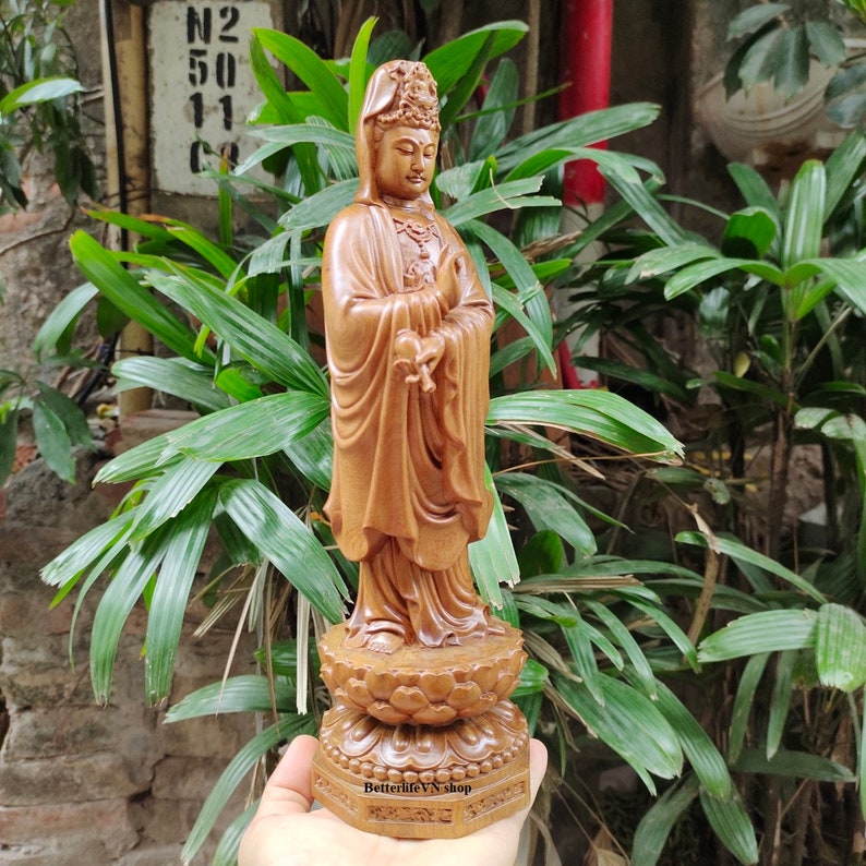 Handcrafted Guanyin Buddha Statue: Green Cypress Wood, Lotus Stand (11. ...