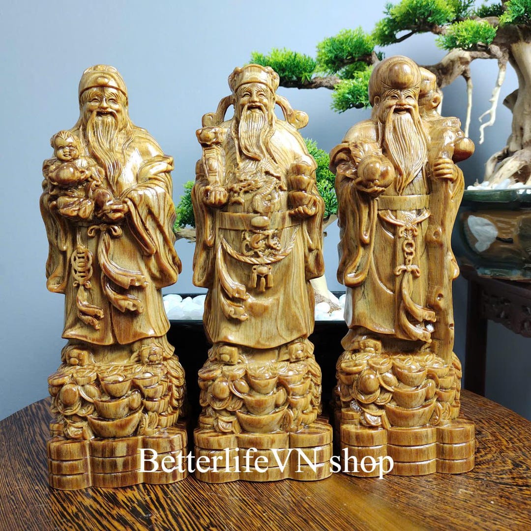 Wooden Three Statues (11.8 Inches) of Happiness, Wealth and Longevity ...
