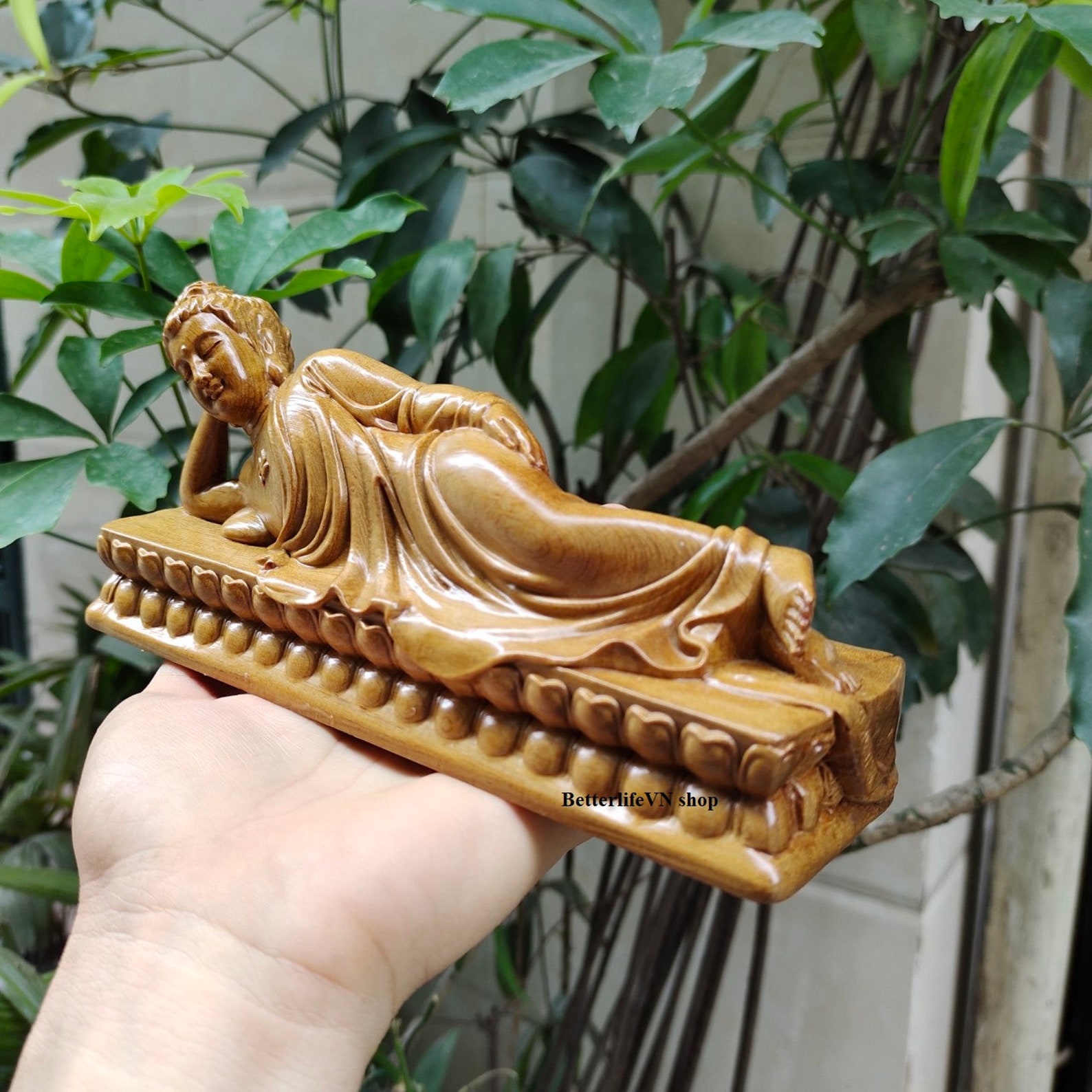 Wooden Reclining Buddha Statue: Handcrafted Green Cypress Nirvana ...