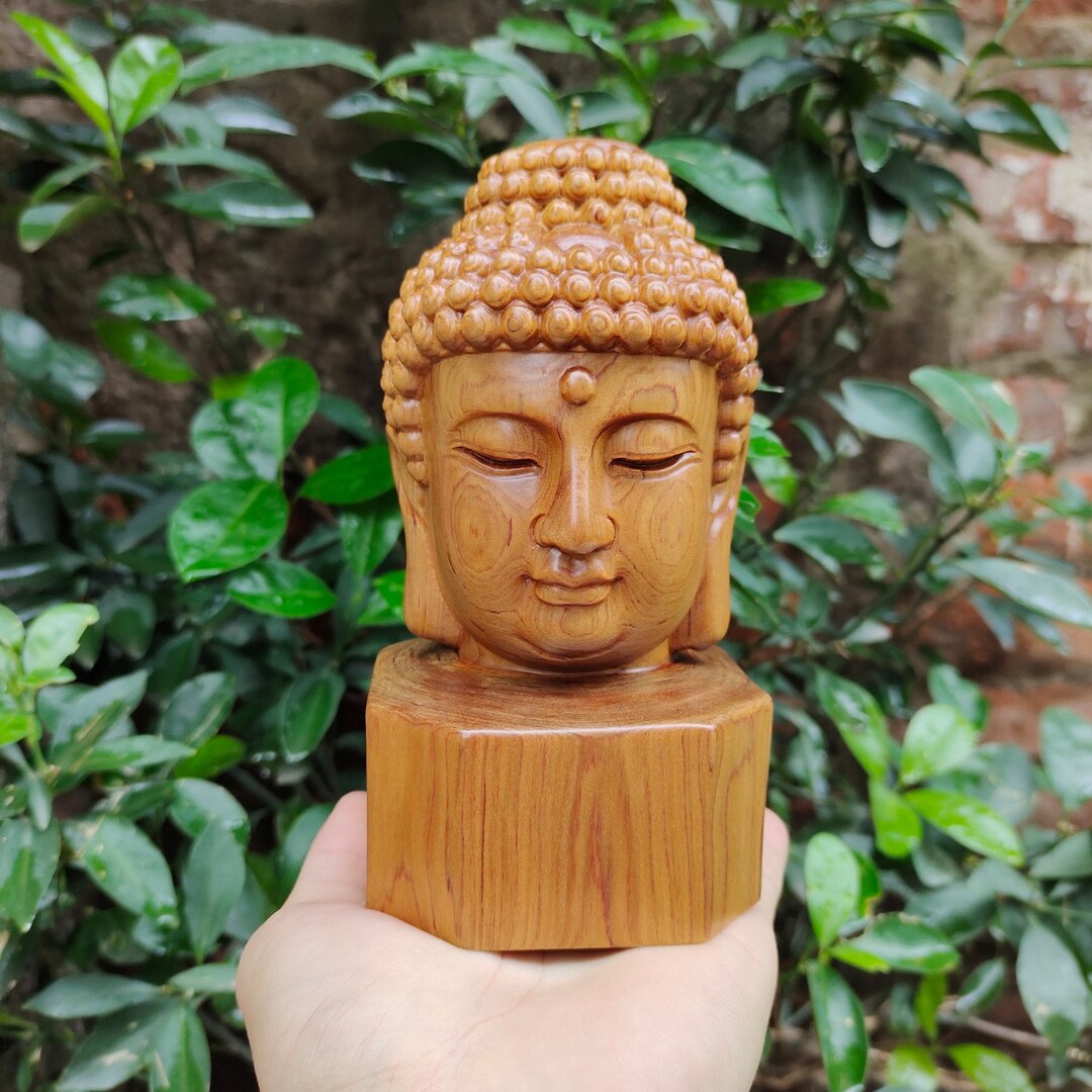 Handcrafted Green Cypress Buddha Head Statue: Meditation Gift - Etsy