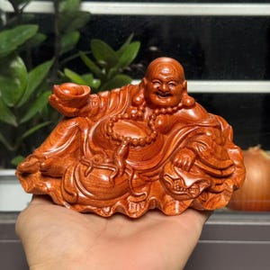 Wooden Sitting Laughing Buddha Sculpture - Etsy UK