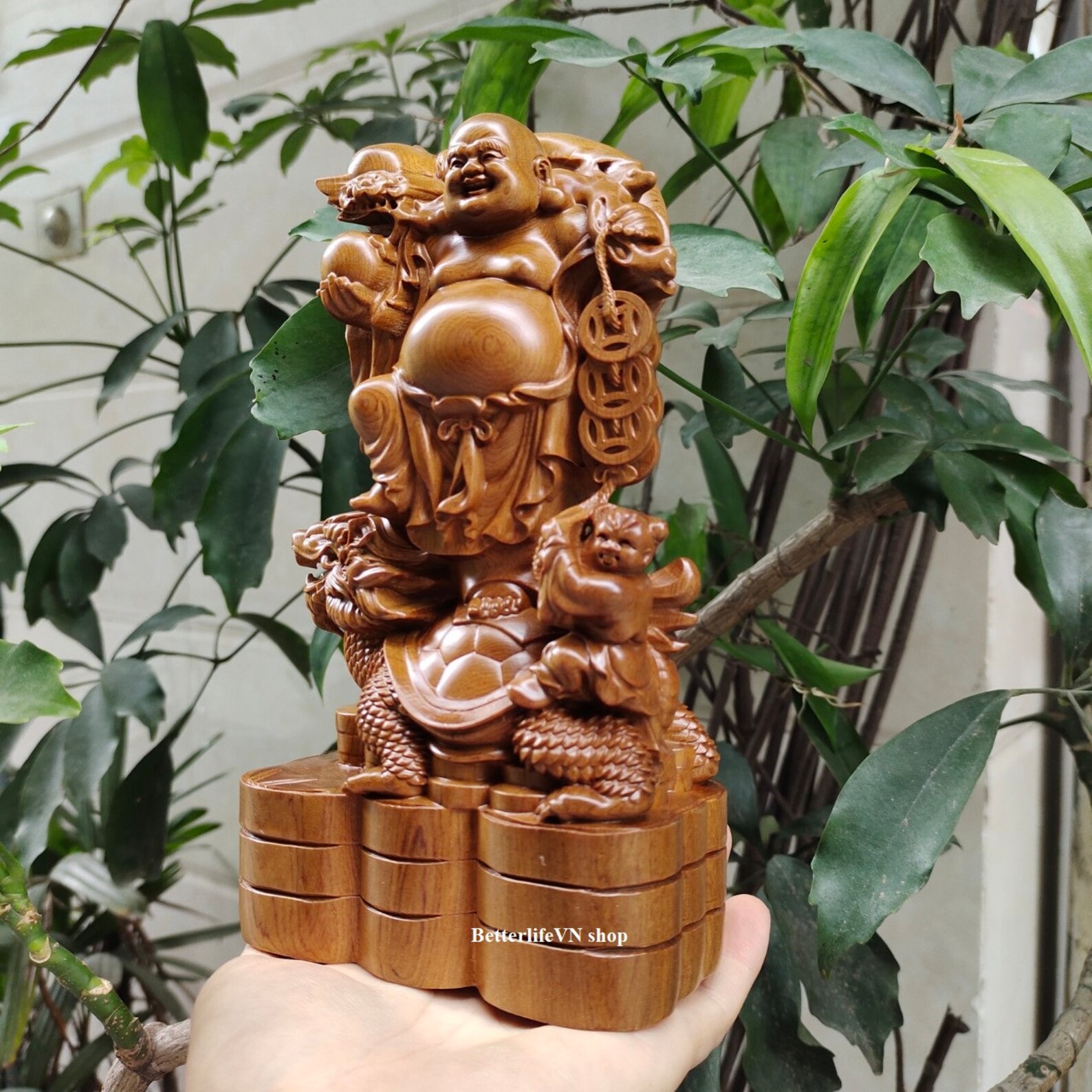 Wooden Laughing Buddha Standing on the Dragon Turtle, Crafted Maitreya ...