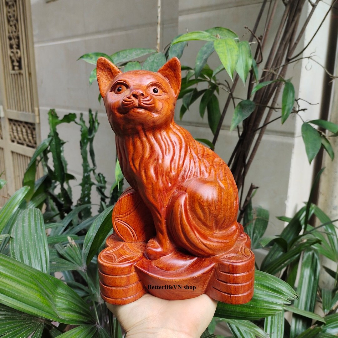 Solid Wooden Cat, Feng Shui Cat Statue, Handcrafted Cat, Cat Gift ...