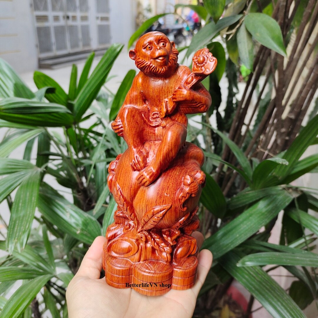 Hand Carved Padauk Monkey Statue: Feng Shui Wishing Stick Decor - Etsy