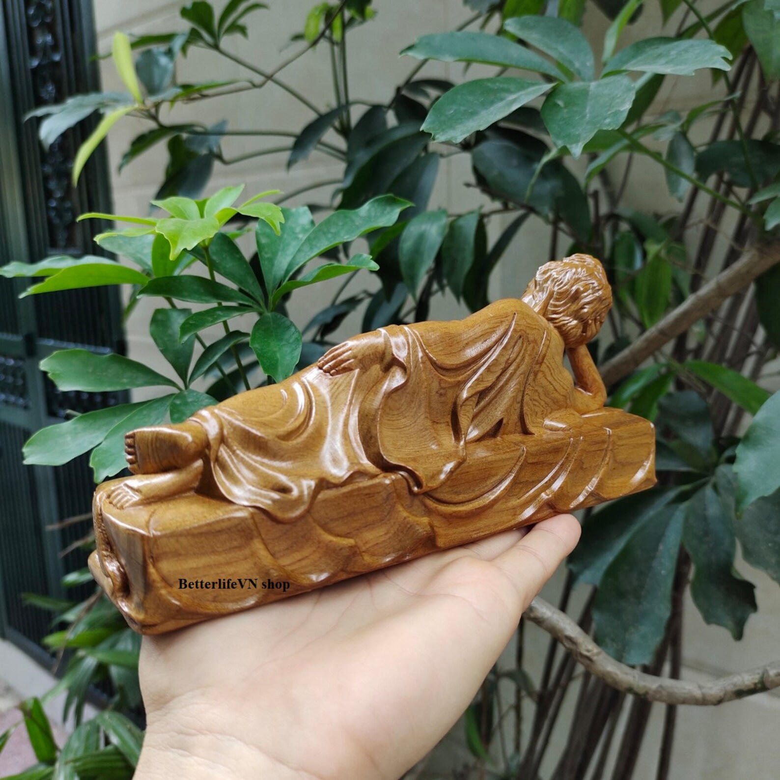 Wooden Reclining Buddha Statue: Handcrafted Green Cypress Nirvana ...