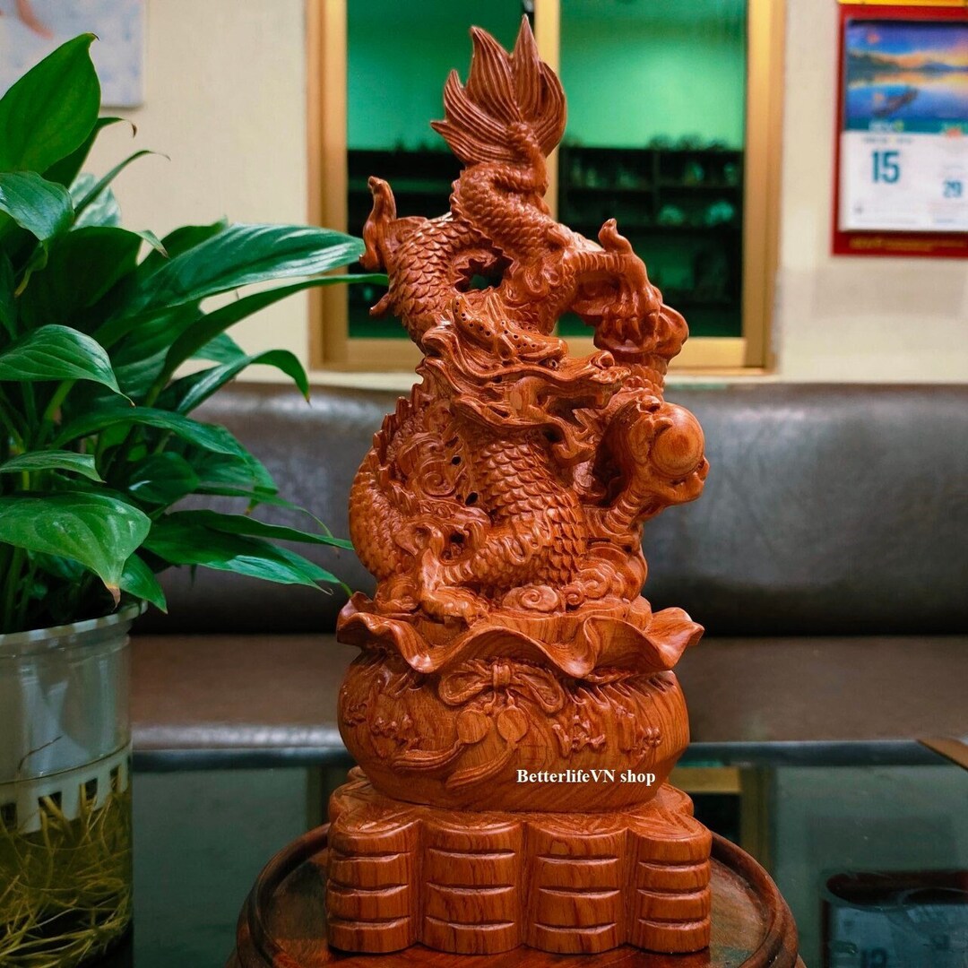 Wooden Dragon (11.8 In), Feng Shui Dragon, Dragon Holding a Pearl ...