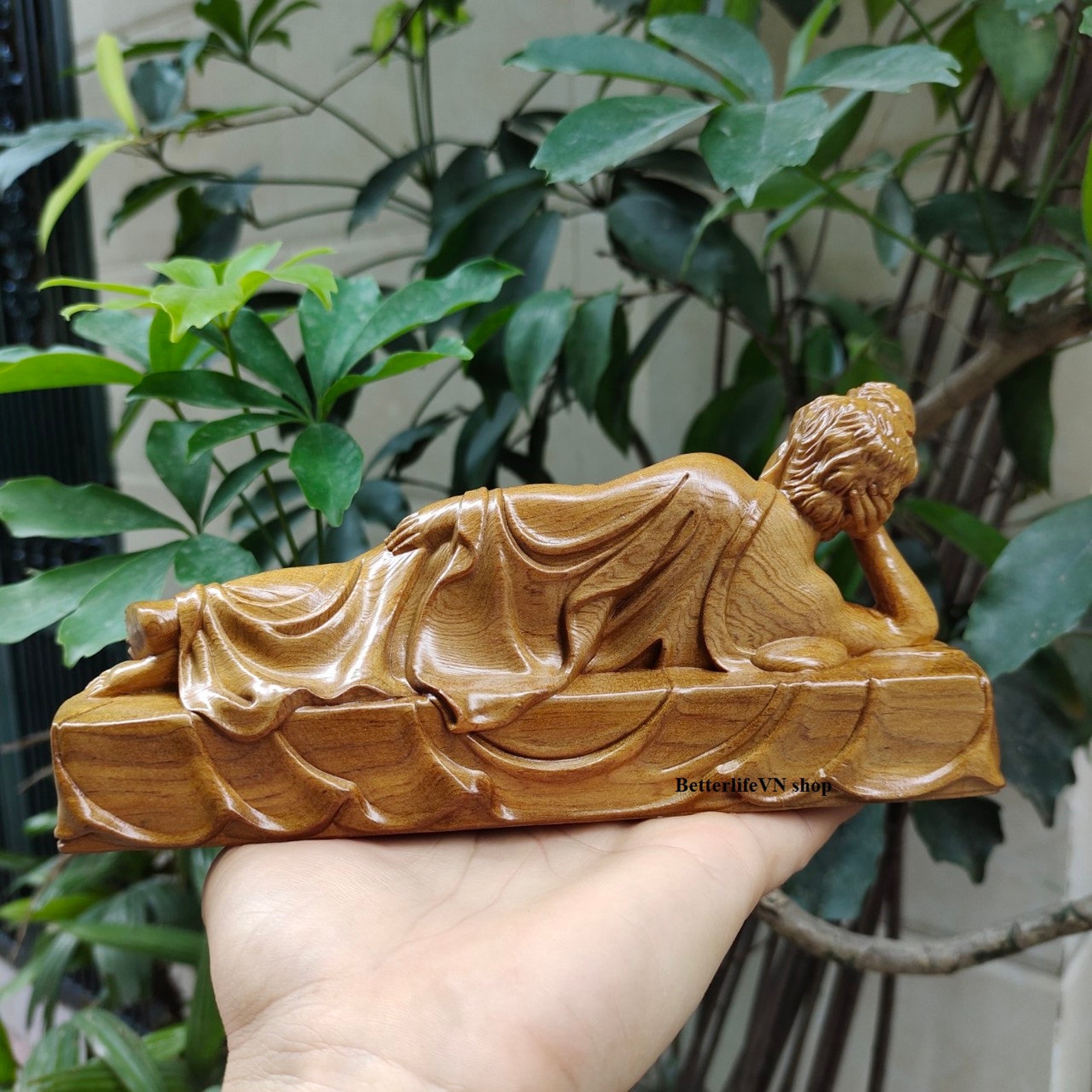 Wooden Reclining Buddha Statue: Handcrafted Green Cypress Nirvana ...