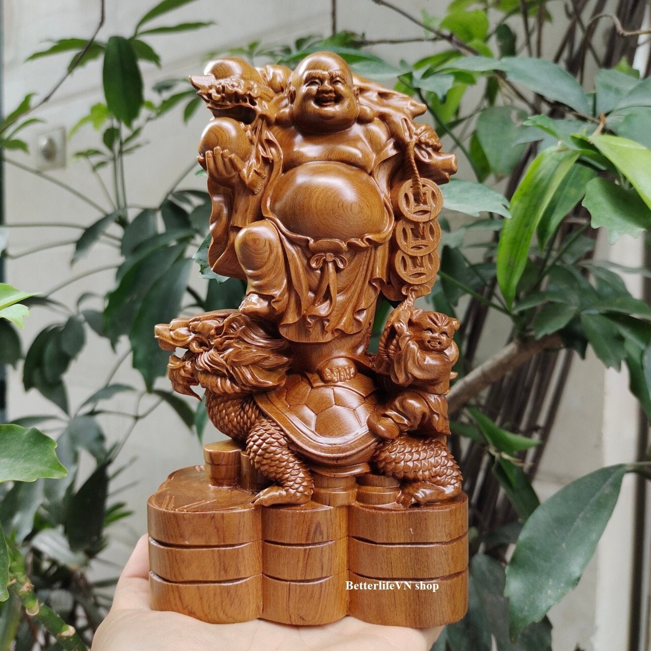 Wooden Laughing Buddha Standing on the Dragon Turtle, Crafted Maitreya ...