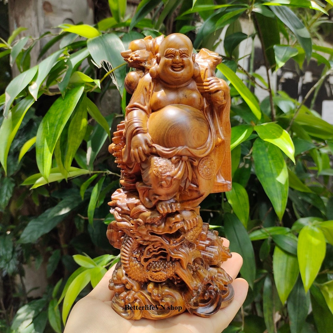 Wooden Laughing Buddha Stands on the Dragon, Crafted Maitreya Buddha ...