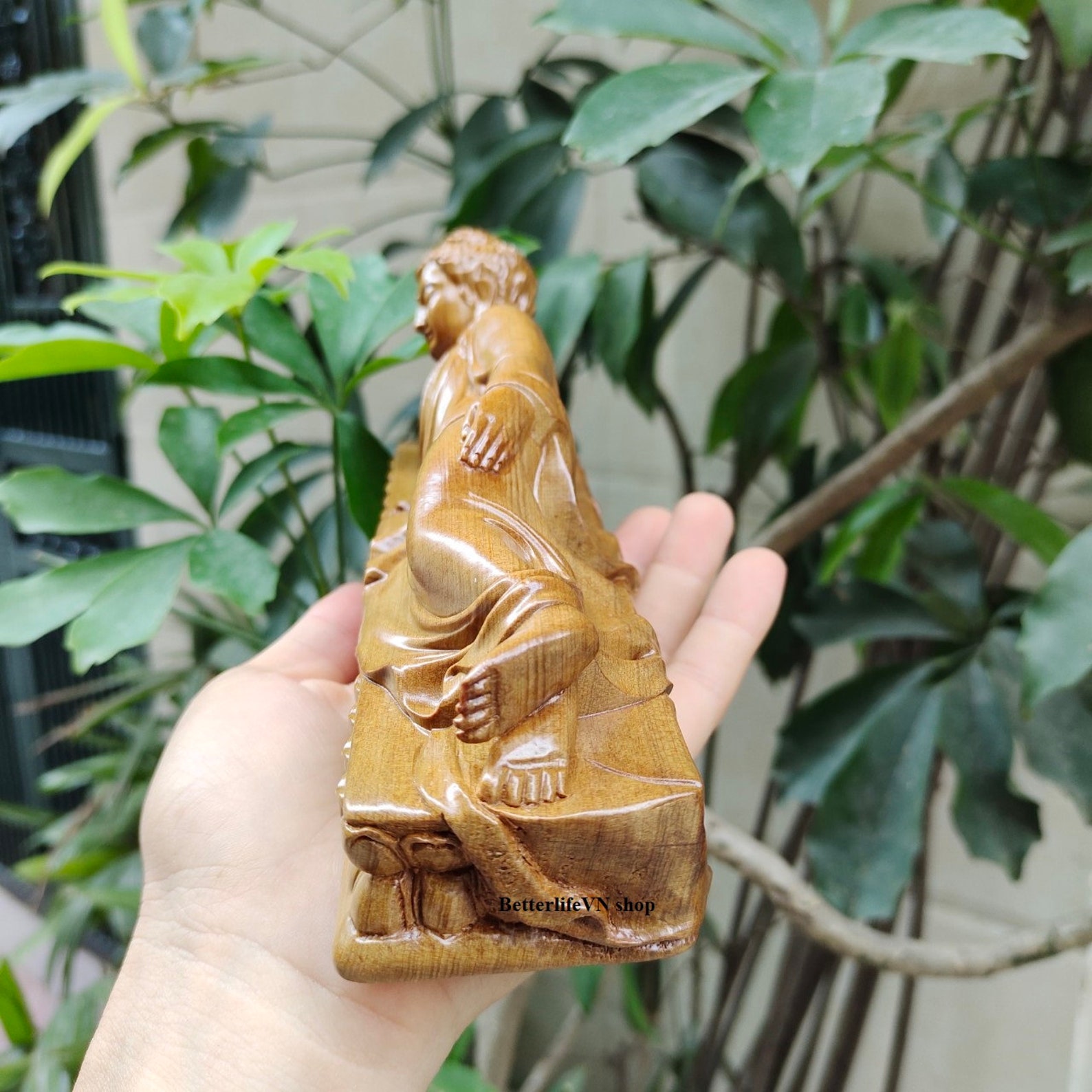 Wooden Reclining Buddha Statue: Handcrafted Green Cypress Nirvana ...
