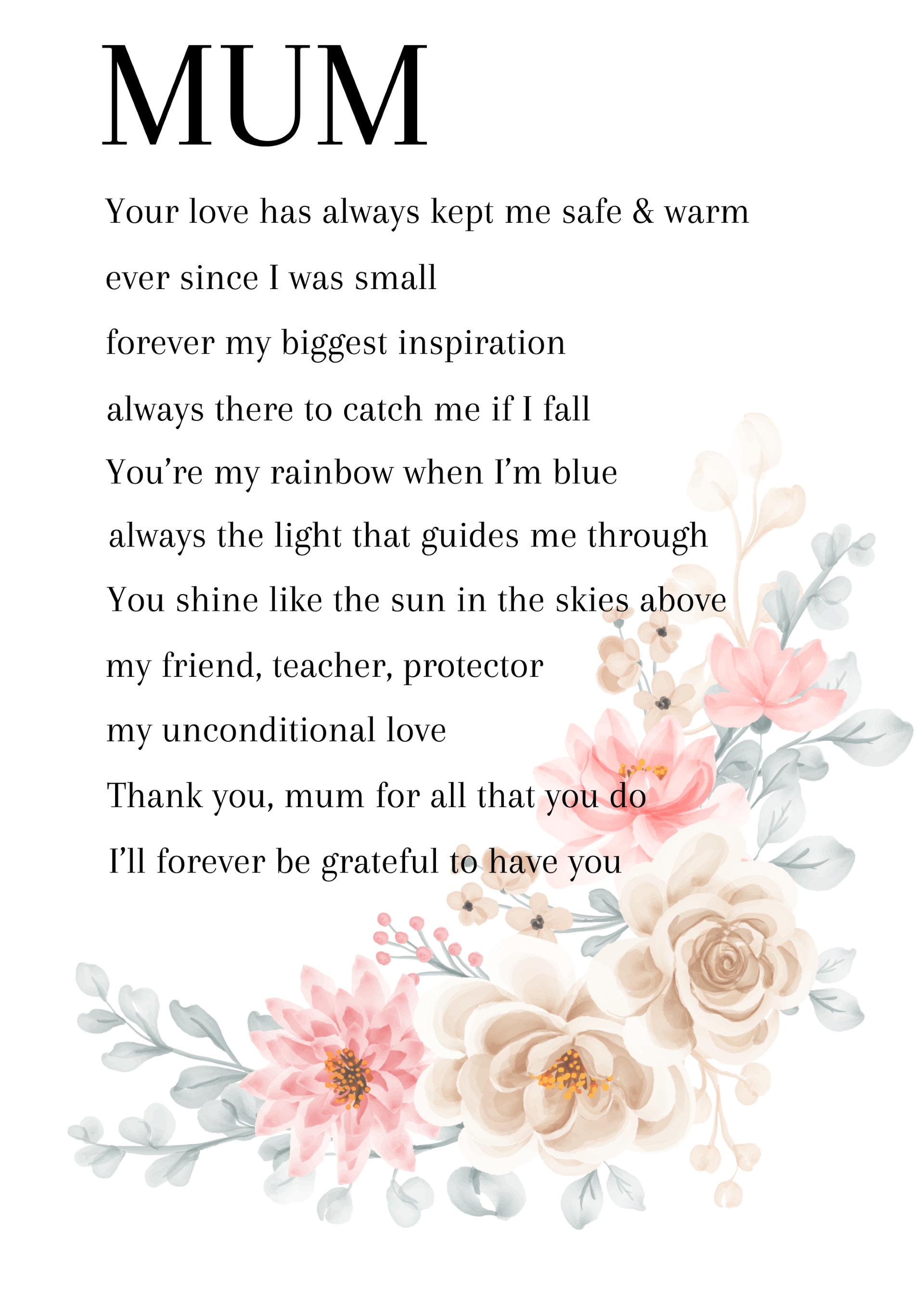 Mother's Day Gift Poem for Mums Mother's Day Print Mum's Birthday Gift ...