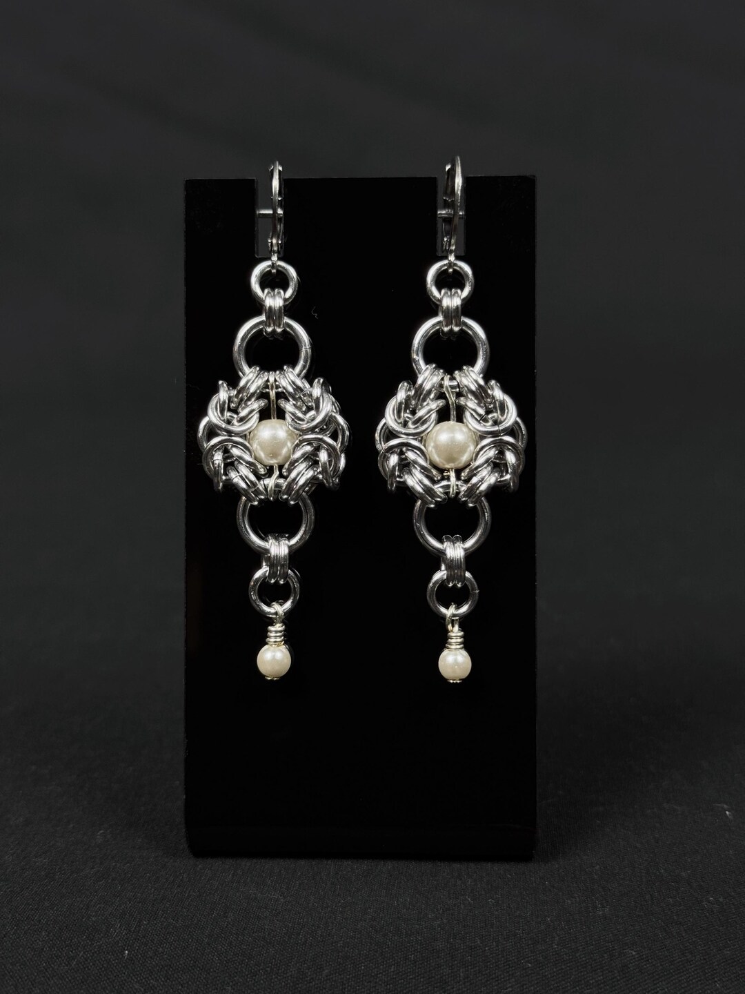 Handmade Faux Pearl Byzantine Chainmail Earrings - Dainty Jewelry ...