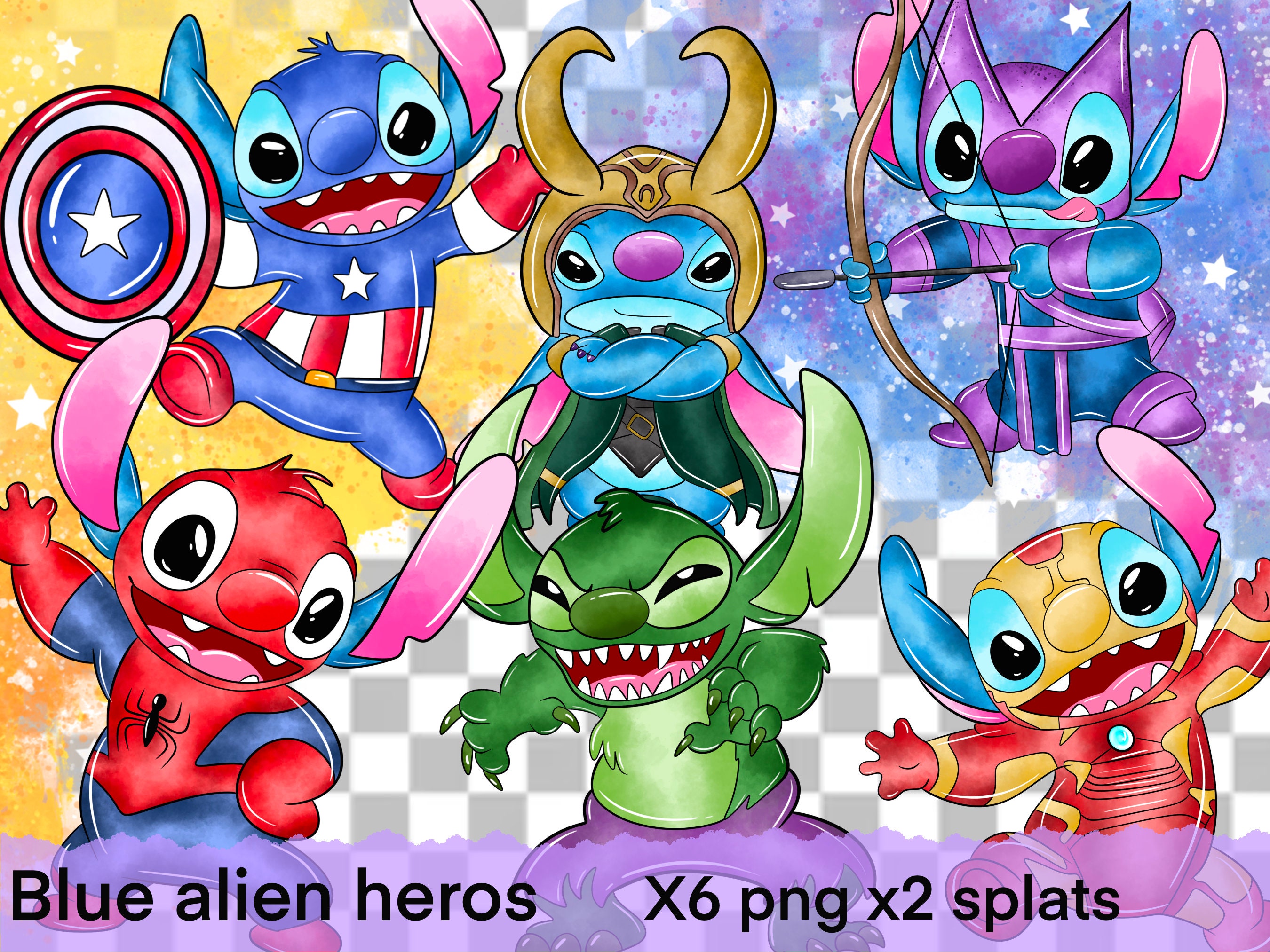 Watercolor Stitch Heros , Superhero Stitch DIGITAL DOWNLOAD 300dpi Png ...