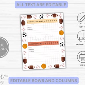 Sports DIGITAL DOWNLOAD, Editable Daily Routine Checklist, Nightly ...