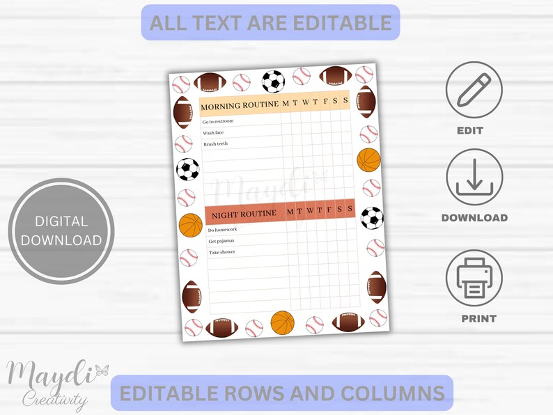 Sports DIGITAL DOWNLOAD, Editable Daily Routine Checklist, Nightly ...