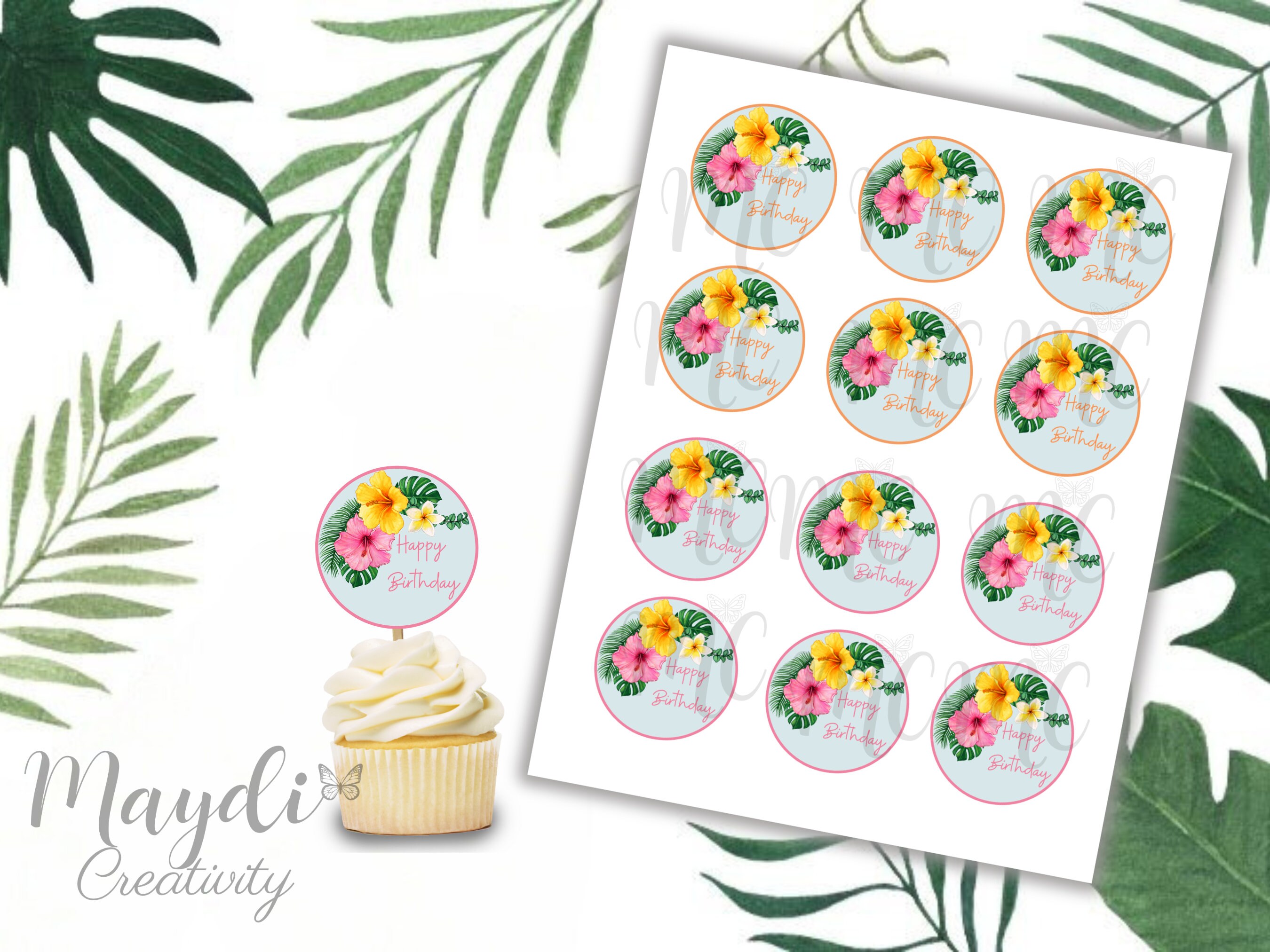 Tropical Cupcake Topper. Birthday Tropical Cupcake Toppers. Hawaii ...