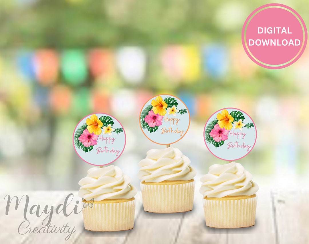 Tropical Cupcake Topper. Birthday Tropical Cupcake Toppers. Hawaii ...