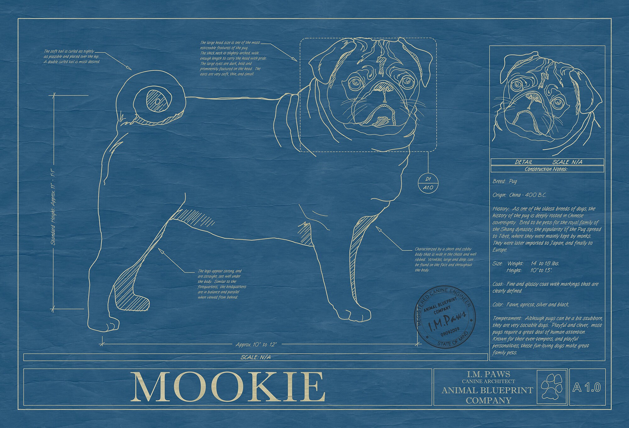 PUG Blueprint Dog Art Mid-century Art Dog Lover Gift - Etsy