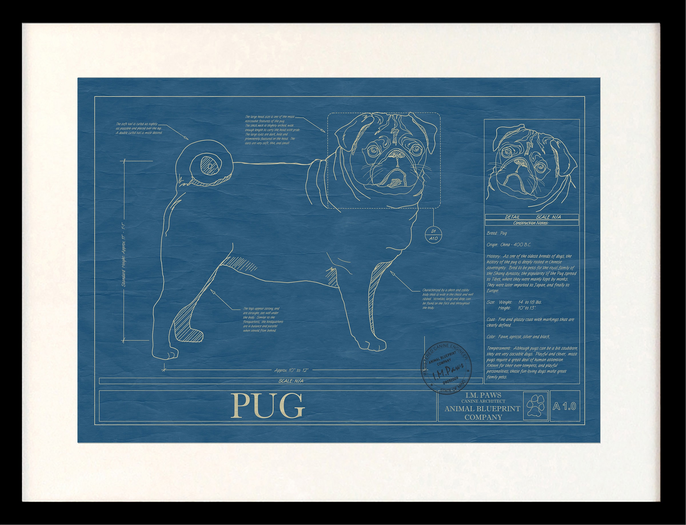 PUG Blueprint Dog Art Mid-century Art Dog Lover Gift - Etsy