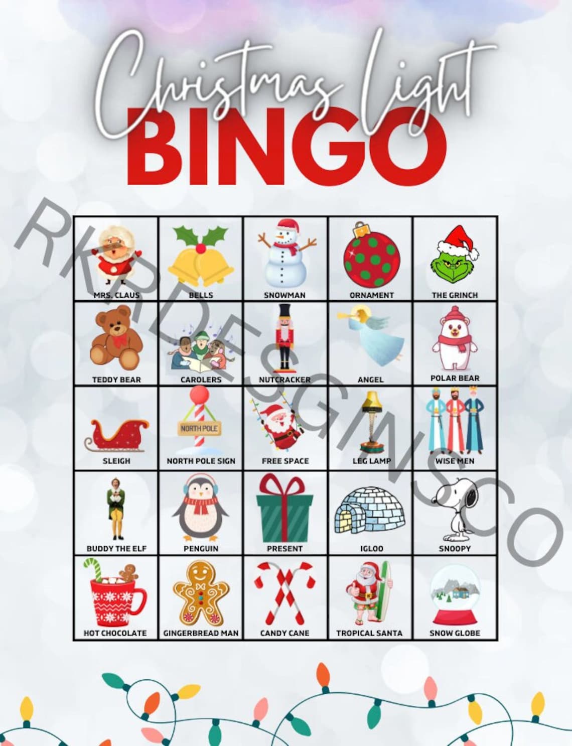 Printable Christmas Bingo Board for Christmas Light Road Trip Digital ...
