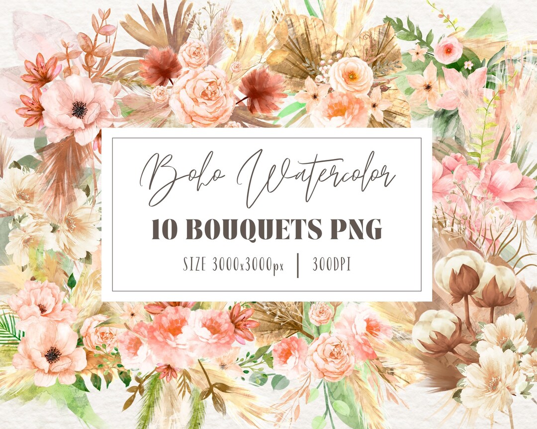 Boho Watercolor Bouquet Flowers PNG Cliparts, Boho Wedding, Watercolor ...