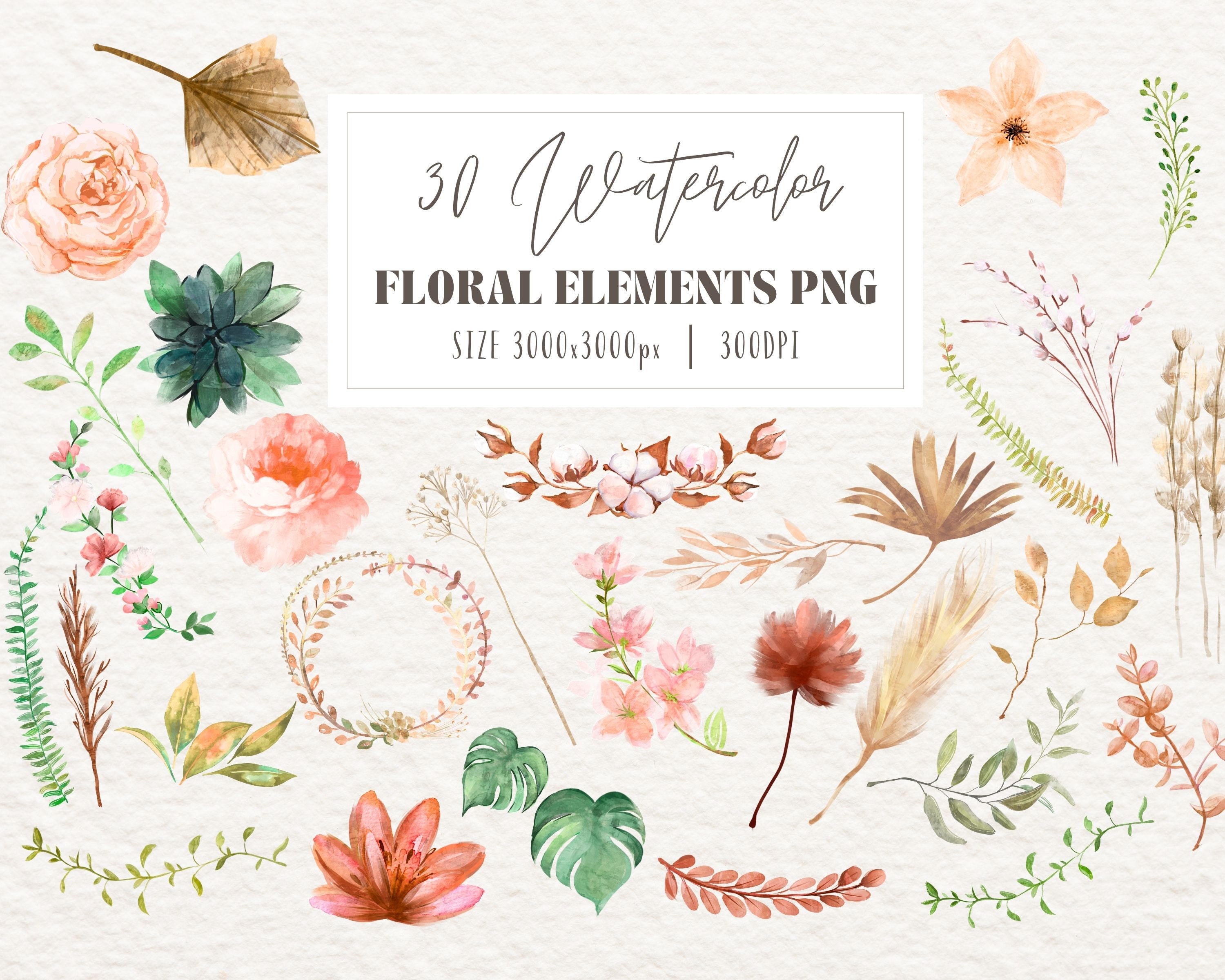 Boho Watercolor Flowers PNG Cliparts, Boho Wedding, Watercolor Greenery ...