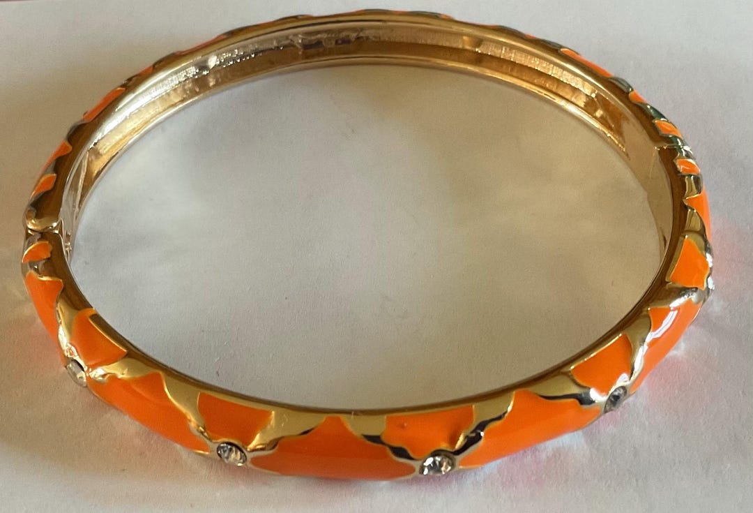 Beautiful Vintage Gold-like and Orange Enamel With Rhinestones Hinged ...