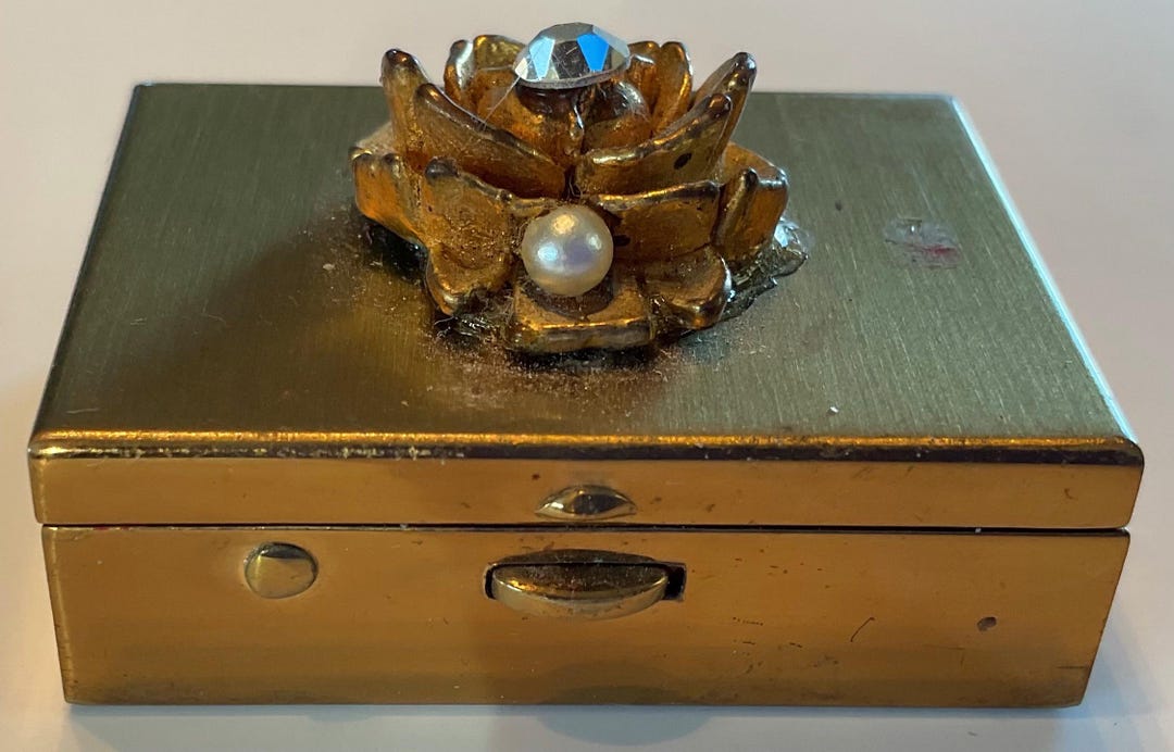 Beautiful Vintage Gold Tone, Faux Pearl and Rhinestone Square Pill Box ...
