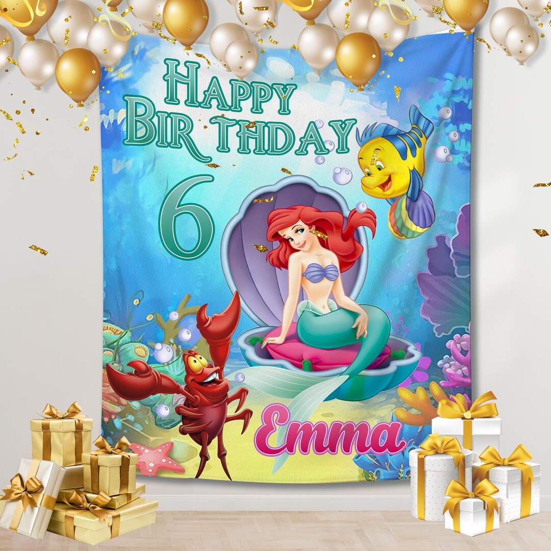 Disney Little Mermaid Birthday Backdrop, Little Mermaid Birthday Banner ...