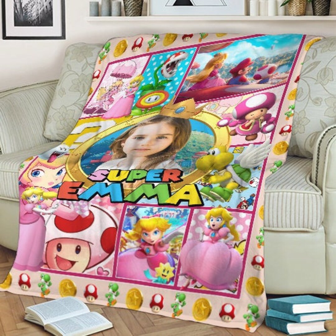 Personalized Super Mario Blanket, Custom Name Face Princess Peach ...