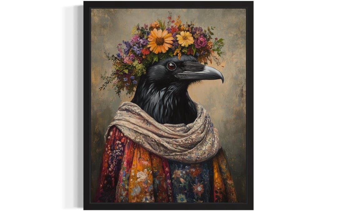 Raven Animal With Flower Art Print, Wall Art Poster, Original Paint ...