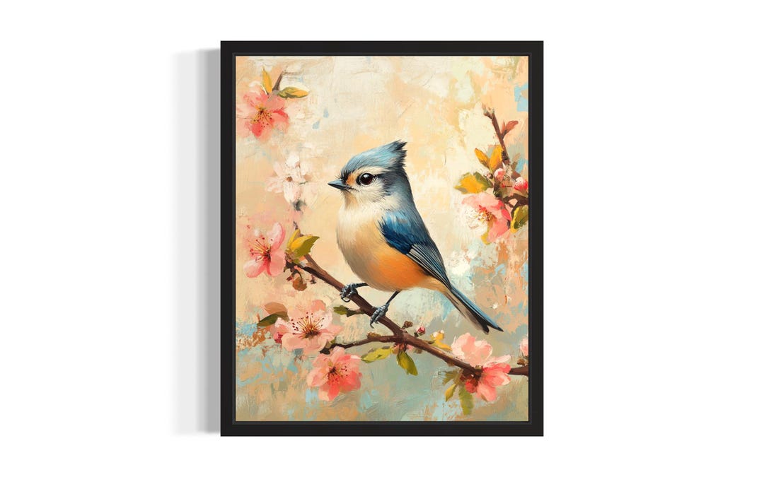 Tufted Titmouse Bird With Flowers Poster Art Print, Living Room Wall ...
